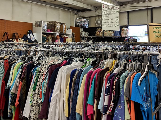 The clothing section stretches to the horizon. That perfect vintage Hawaiian shirt or designer find is hiding somewhere in this colorful sea.