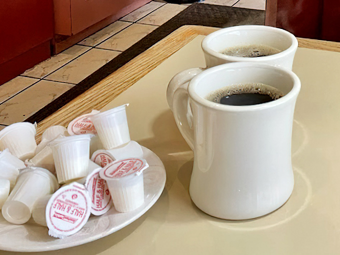 Two mugs of joe standing at attention, ready to caffeinate your morning with diner-strength determination.