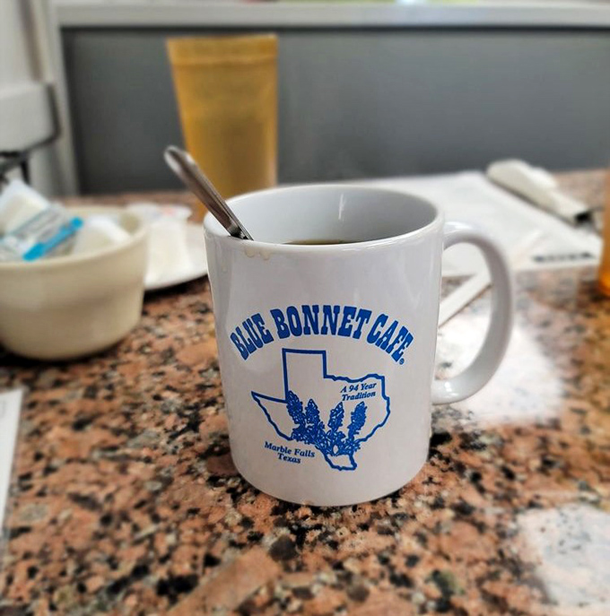 The official morning handshake of Blue Bonnet Cafe&mdash;a sturdy mug of coffee that promises to turn "not a morning person" into "surprisingly functional human."