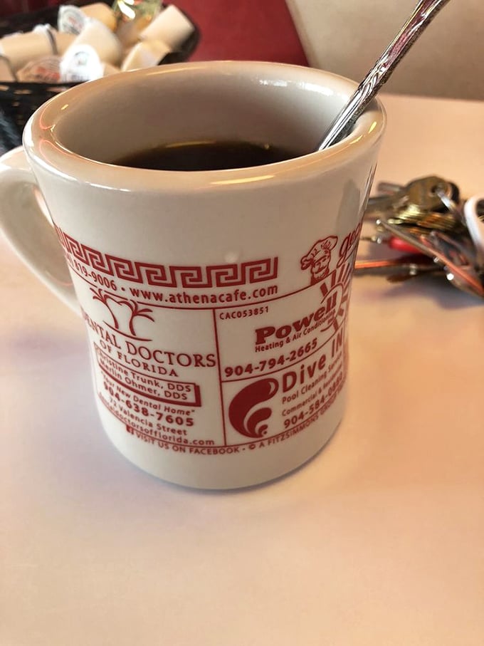 Diner coffee—served in a mug advertising local businesses—doesn't pretend to be fancy, it just promises to be there for you, refill after refill.