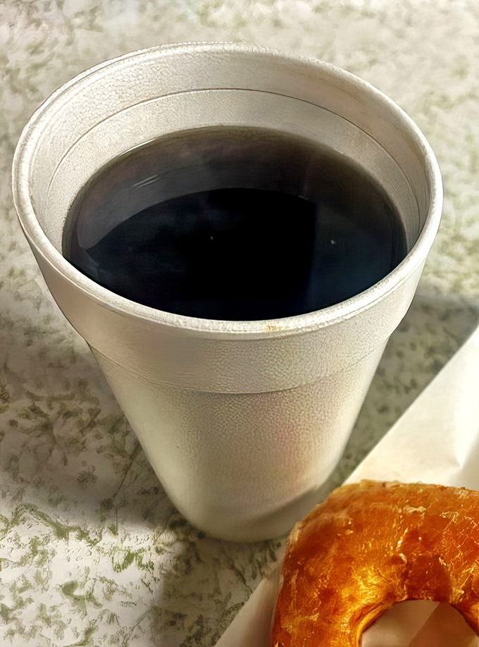 The perfect companion to fried dough&mdash;no-nonsense coffee in a styrofoam cup. No vanilla-caramel-half-caf-soy-latte nonsense here, just honest caffeine. 