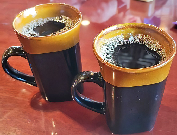 Two mugs of liquid motivation with that distinctive amber ring. In a world of fancy coffee drinks, sometimes the classic brew wins.