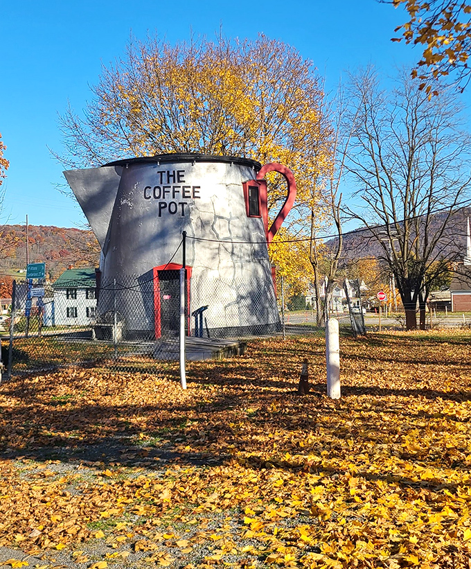 Fall foliage season brings golden hues to complement the Coffee Pot's silvery exterior. Even bizarre architecture deserves beautiful scenery.