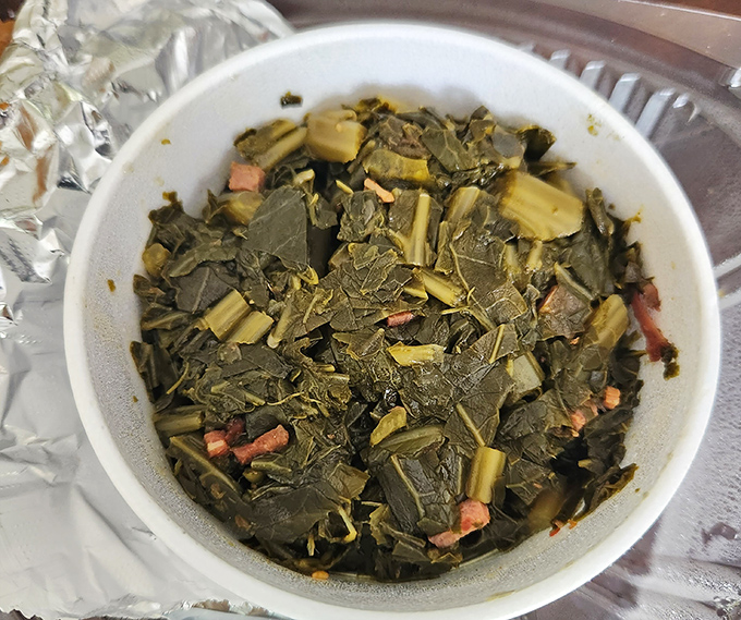 These collard greens have clearly been simmering with purpose, telling a smoky, porky story that your grandmother would approve of.