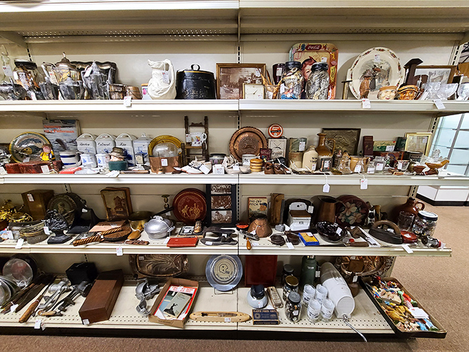 Shelves of yesterday's treasures waiting for tomorrow's homes. Each item whispering, "I've seen things you wouldn't believe," like a tiny antique version of Blade Runner. 