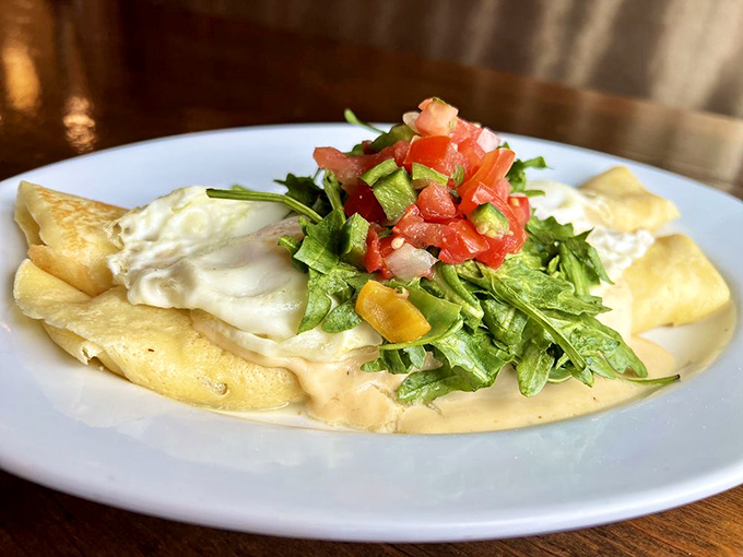 This crepe breakfast looks like what French cuisine would create if it took a delicious detour through Utah. Elegant yet satisfying.