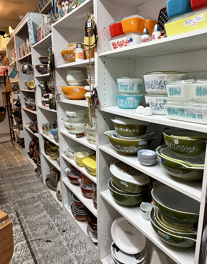 The Pyrex and CorningWare section: where casserole dishes come with a side of nostalgia and unspoken family recipes.