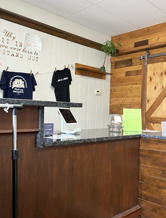 The counter where pierogi dreams come true. Simple, rustic, and adorned with a message reminding us all to stand out.