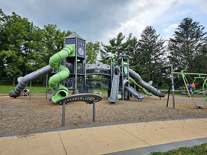 The Covered Bridge Playground lets kids burn energy while parents catch their breath and maybe a moment's peace.