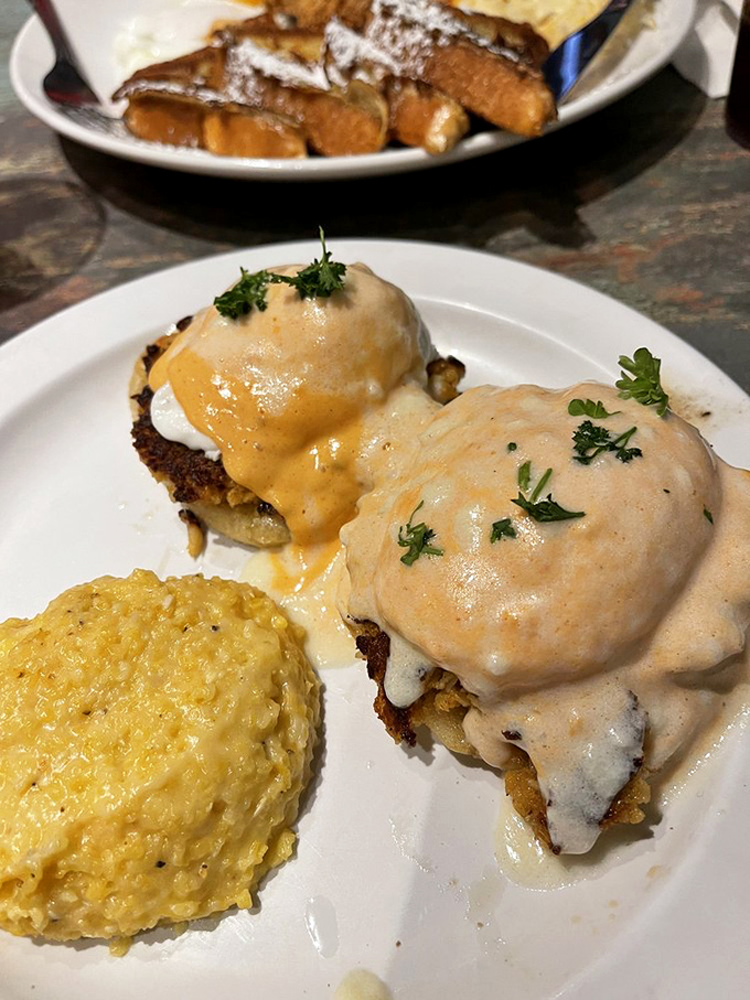 Those crab cake benedicts with hollandaise and a side of grits are basically a fancy brunch disguised as comfort food.