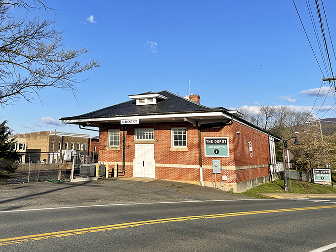 The old depot stands as a monument to Crozet's railroad heritage, transformed into a gathering space for artists and dreamers.