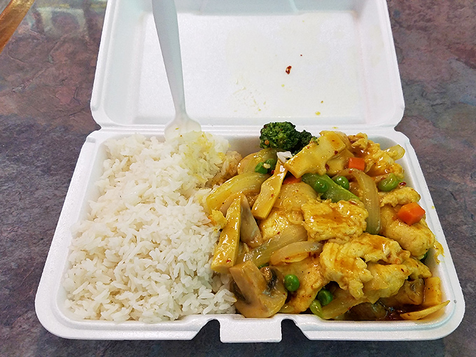 Take-out that travels well &ndash; curry chicken that manages to maintain its dignity even in a styrofoam container, no small culinary feat.