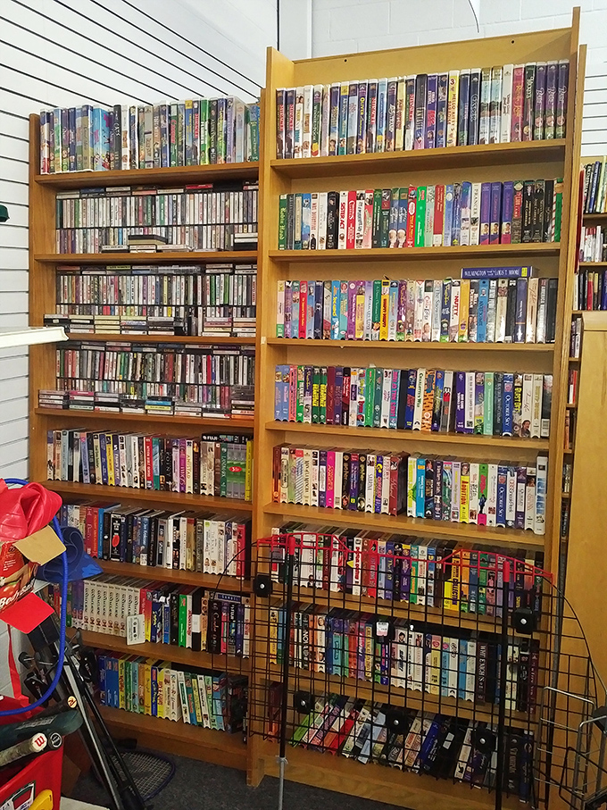 The media section is a time capsule of entertainment history. VHS tapes and DVDs stand ready for your next nostalgic movie marathon.