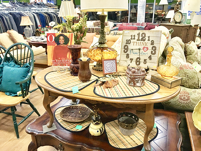 Magazine-worthy vignettes at yard sale prices. That clock reminding you to "Think Paradise" is actually reminding you to think "bargain."