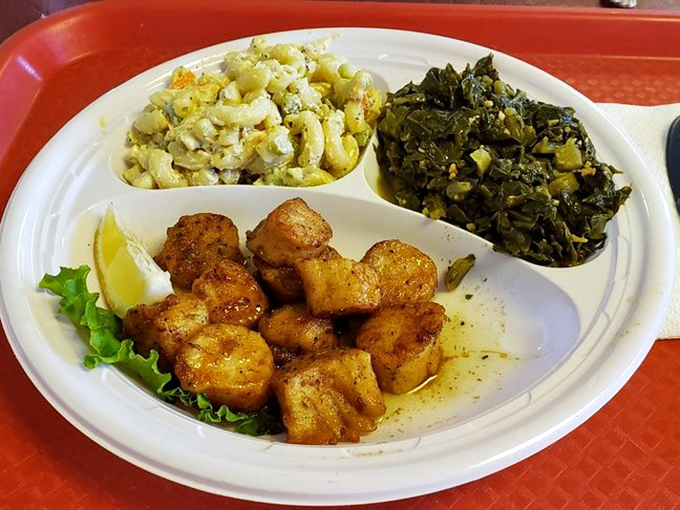 Scallops, collards, and mac salad—the Eastern Shore trinity that proves heaven exists and it's on this very plate.