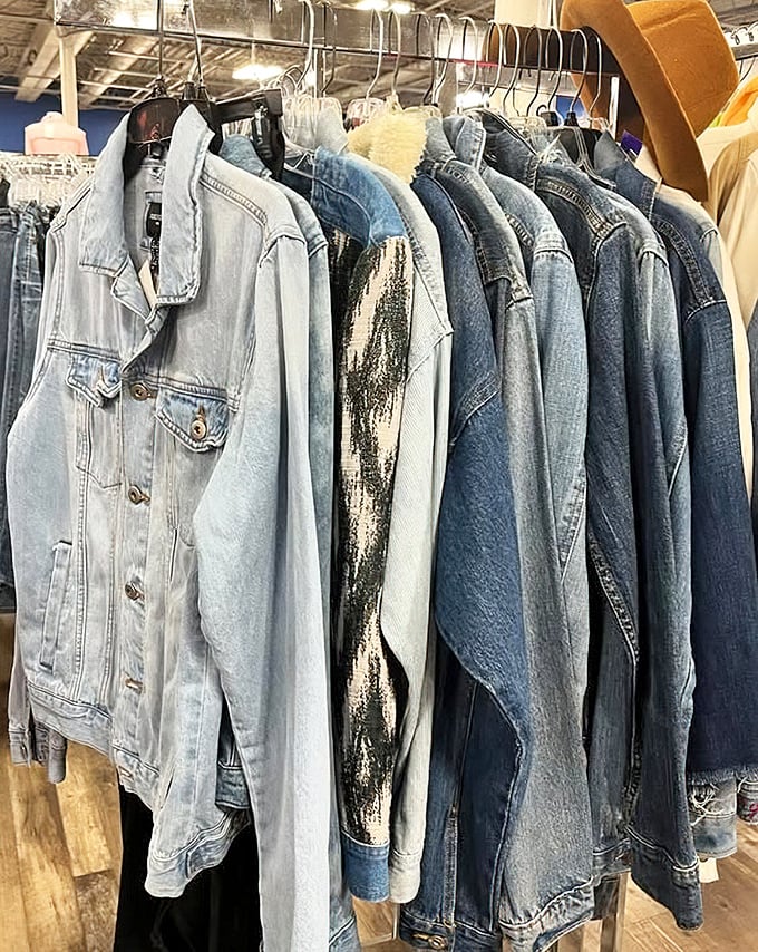 Denim jacket nirvana for the fashion-forward thrifter. Each one with character already built in, no awkward breaking-in period required.