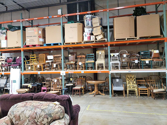 Chair-vana! This furniture stockpile could seat a small village. From dining sets to rockers, each piece whispers stories of family dinners and quiet evenings past.