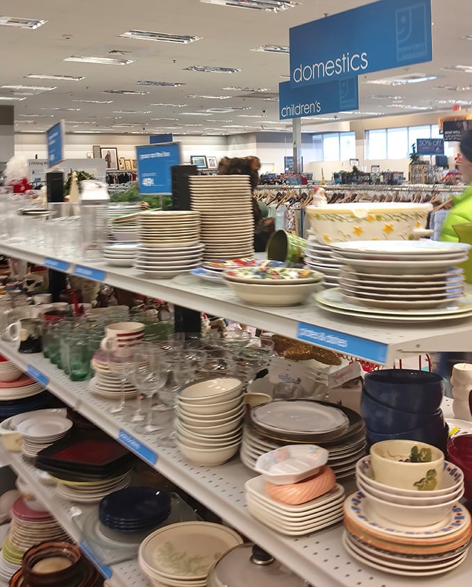 Stacks of plates stand like geological layers, each representing a different era of American dining history.