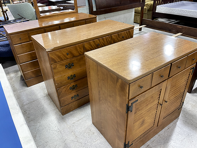 Solid wood drawers stand at attention like soldiers from different eras, each ready to serve in your bedroom, office, or hallway.