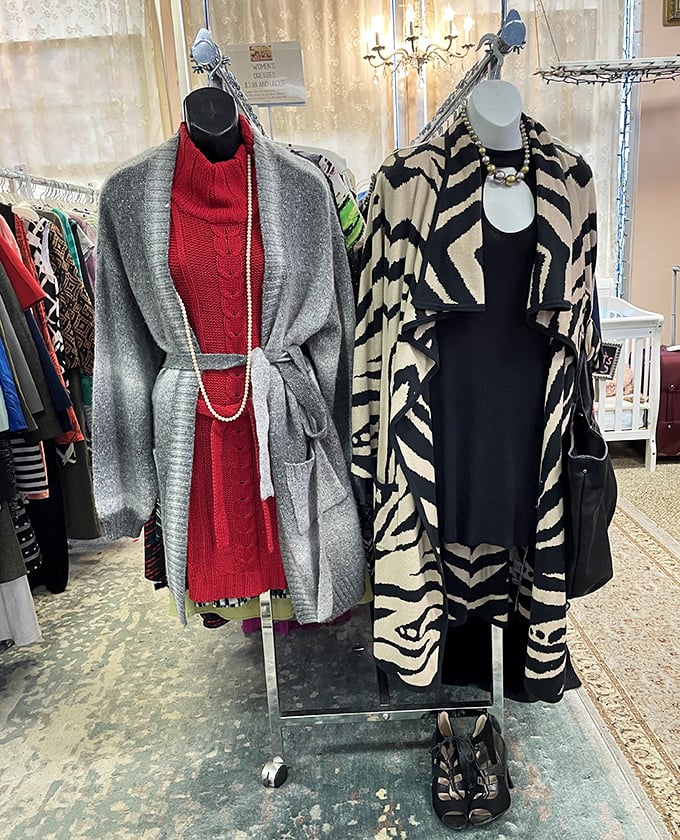 Fashion time capsules on display! That zebra-print coat and red sweater combo is giving serious "confident retiree at a winter gallery opening" energy.
