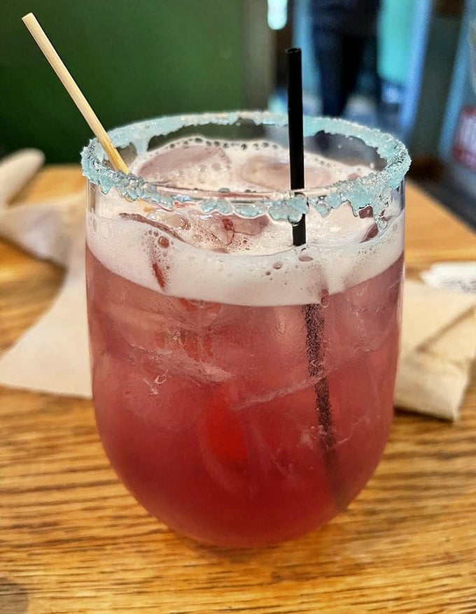 This isn't just a cocktail&mdash;it's a vacation in a glass. The blue-rimmed sugar crust adds both sparkle and sass to your brunch experience.