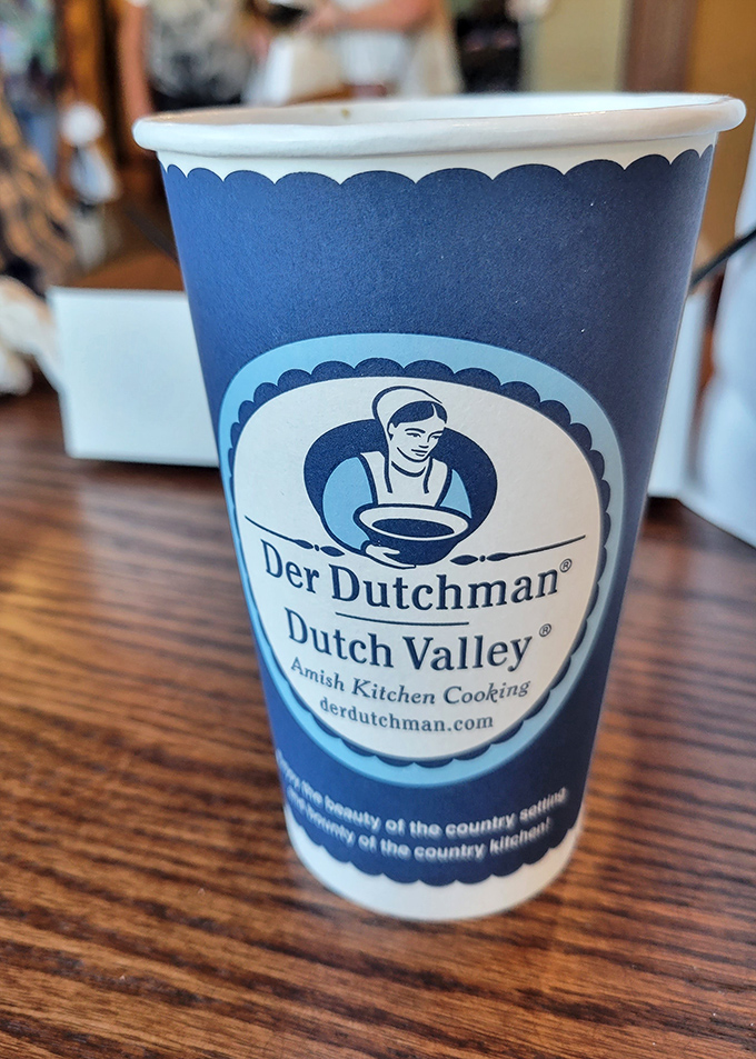 Even the cups at Der Dutchman tell a story. This isn't just a beverage container; it's a portable piece of Amish Country you can sip from.