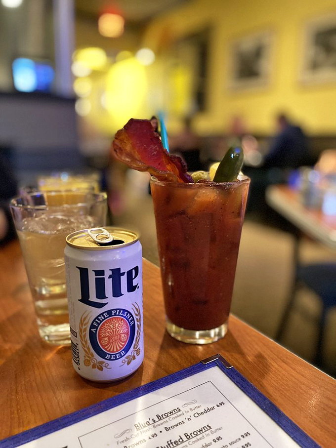 A proper Bloody Mary with a bacon garnish alongside a Miller Lite&mdash;Milwaukee's version of breakfast balance in liquid form. 