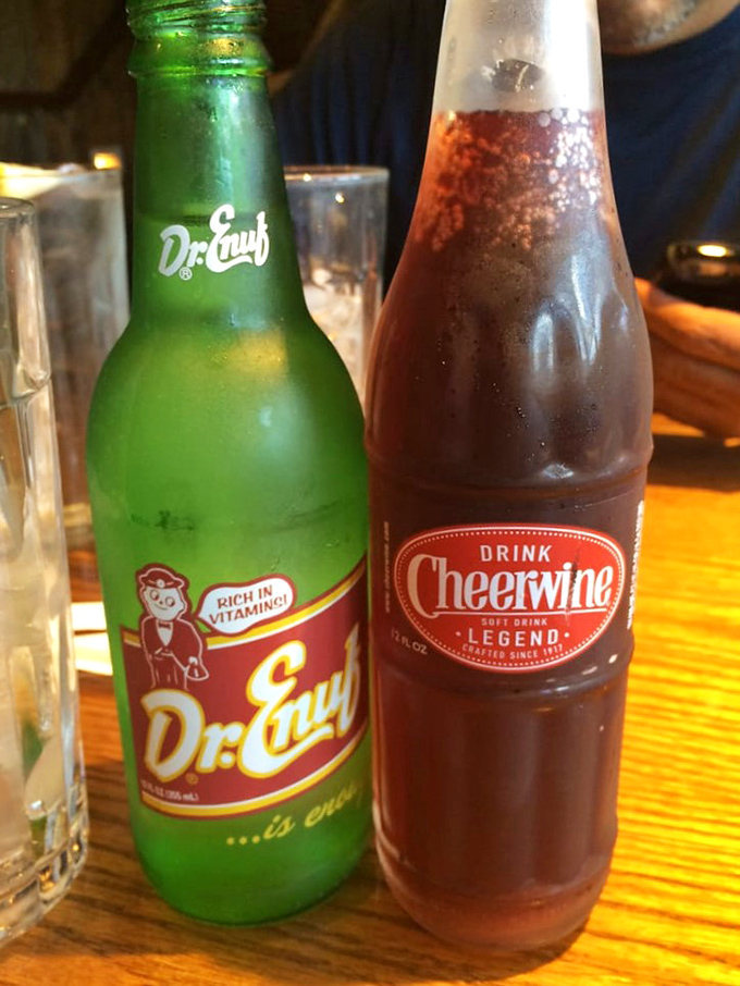 Southern hospitality in liquid form: Dr. Enuf (a local Tennessee treasure) and Cheerwine, the cherry-flavored nectar of the Carolinas that pairs perfectly with smoky meats.