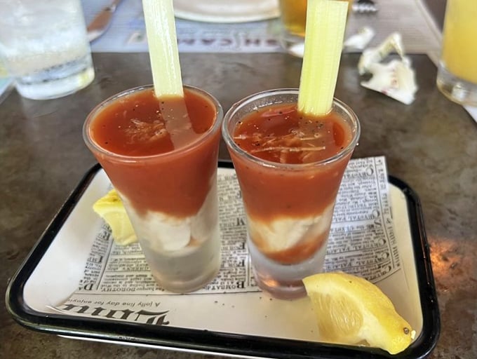 These aren't just Bloody Marys &ndash; they're liquid appetizers. The celery stick is practically a garnish afterthought.