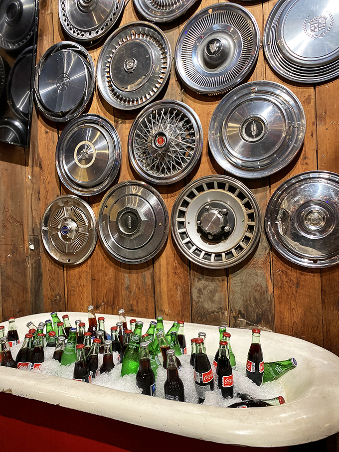 Classic car hubcaps meet ice-cold sodas in a bathtub &ndash; Ed's doesn't just serve nostalgia, they've mounted it on the walls and filled it with Coca-Cola.