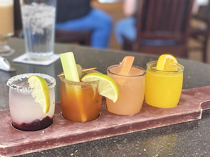 A flight of colorful cocktails that proves breakfast drinks aren't just about mimosas anymore&mdash;though nobody would judge you for sticking with the classics.
