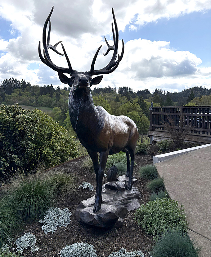 Not just any elk statue&mdash;this majestic beast stands guard over the vineyard like a bronze sommelier with really impressive antlers.