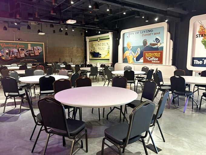 The event space doubles as a gallery, where vintage advertising for Butternut Coffee watches over gatherings with nostalgic approval.