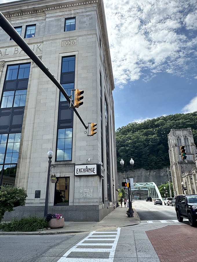 Corner buildings like the Exchange anchor Oil City's downtown, their solid stone presence a reassuring reminder of permanence in changing times.