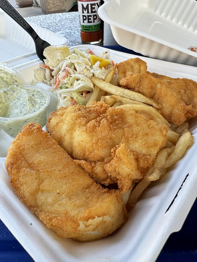 Fish and chips that would make a British pub-goer homesick. The perfect golden ratio of crisp batter to flaky fish.