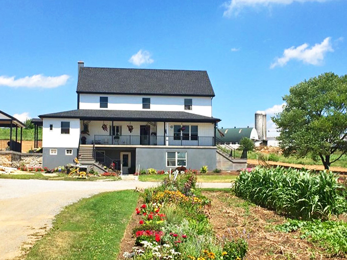White clapboard, wraparound porch, and flower gardens&mdash;this farmhouse isn't just a building, it's the American agricultural dream with a welcome mat.