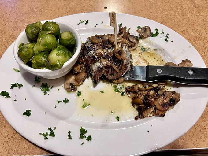 Filet mignon and mushrooms&mdash;a classic pairing executed with steakhouse precision. The kind of meal that makes conversation stop and eyes close in appreciation.