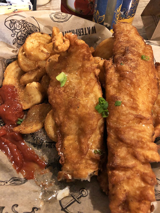 Fish and chips that would make a British pub jealous, with a golden batter so crisp you can hear it from the next table.
