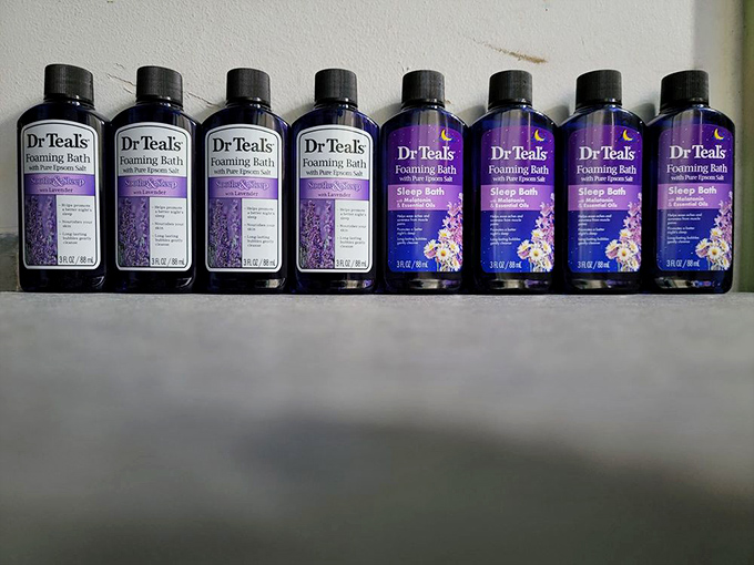 Dr. Teal's bath products lined up like soldiers in the war against stress. Your bathroom can be a spa retreat without the spa prices.