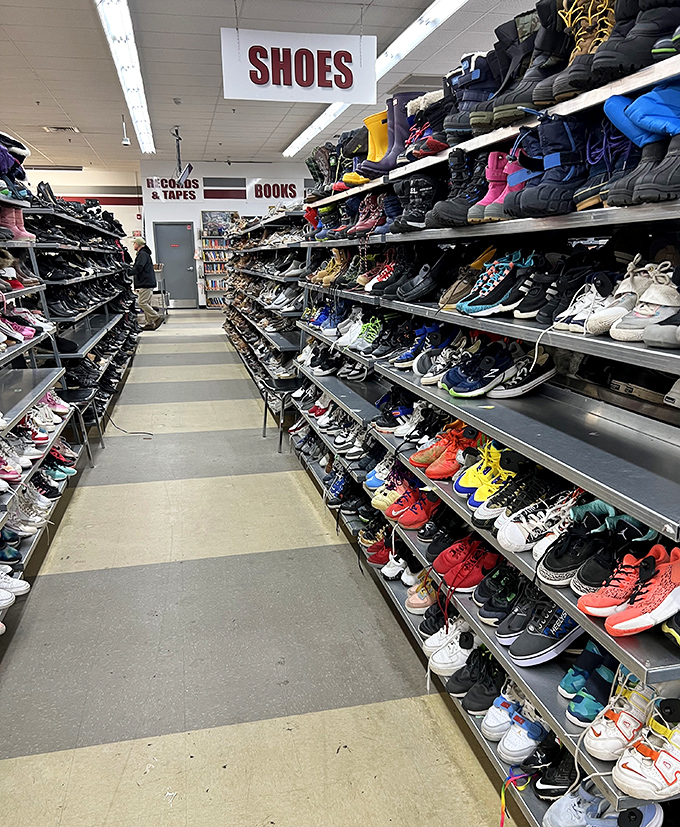 Footwear fantasyland where Nike meets vintage loafers in a United Nations of shoes. The hunt for your size becomes a thrilling safari.