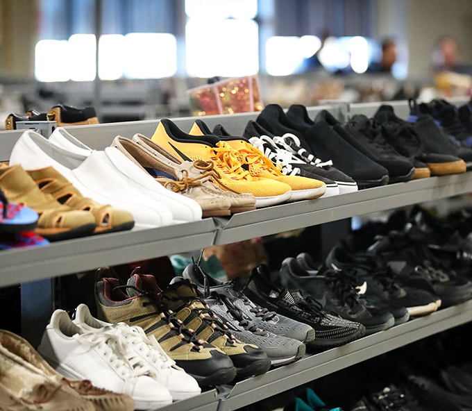 Shoes with miles left to walk line up hopefully&mdash;that mustard-yellow pair practically shouting, "Take me dancing this weekend!"