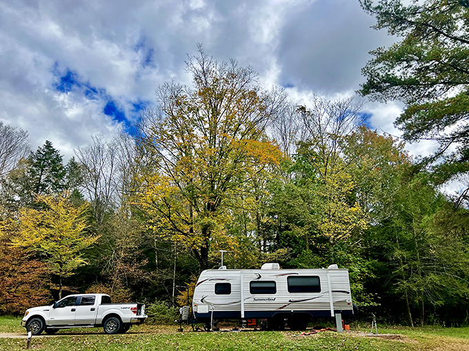 Camping Pennsylvania-style! This RV setup proves you can bring some comforts of home while still claiming you're "one with nature."