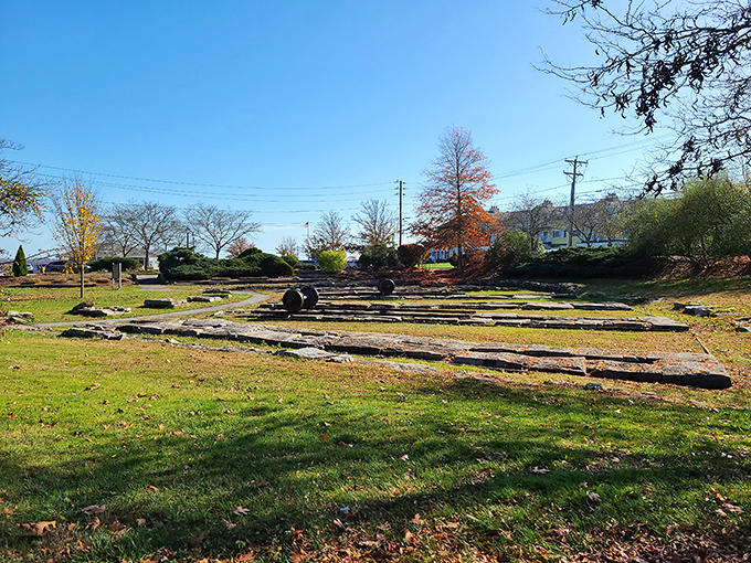Fort Saybrook Monument Park: where history lies literally at your feet. These stone foundations have witnessed more American history than your high school textbook covered.