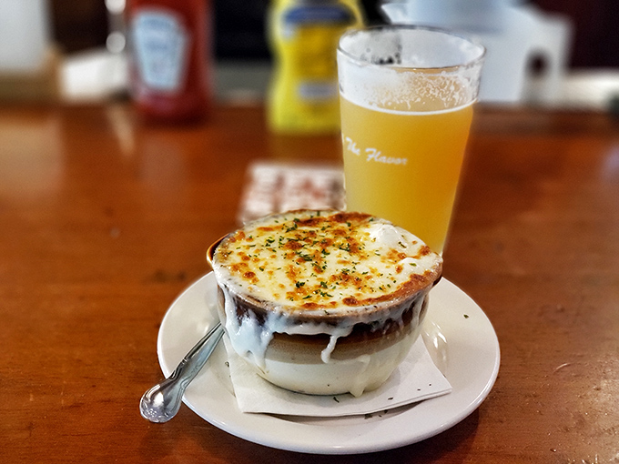 A crock of French onion soup that fights winter blues better than a Browns victory&mdash;bubbling cheese stretching with each spoonful.