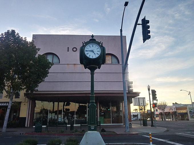 Downtown Lompoc's vintage clock stands sentinel at the intersection, keeping time for a community that values both heritage and punctuality.