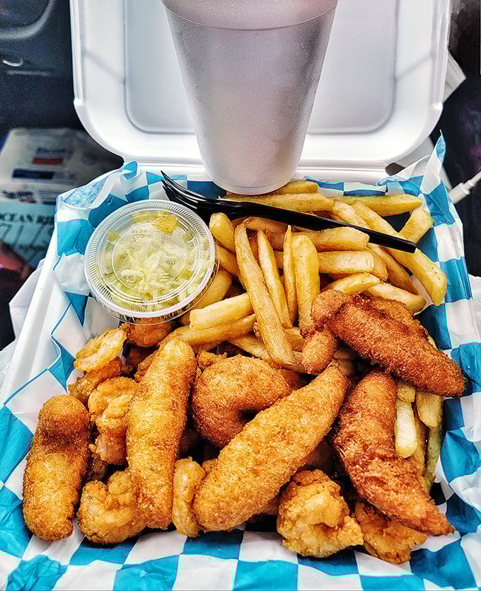 The fried shrimp plate that launched a thousand road trips. Crispy, golden treasures from the sea paired with perfectly cooked fries.