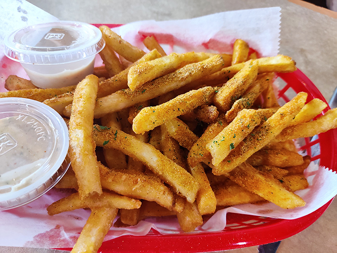 Old Bay fries&mdash;because in Maryland, even the potatoes get dressed up in the state's favorite spice blend. Crispy, golden, and utterly irresistible.