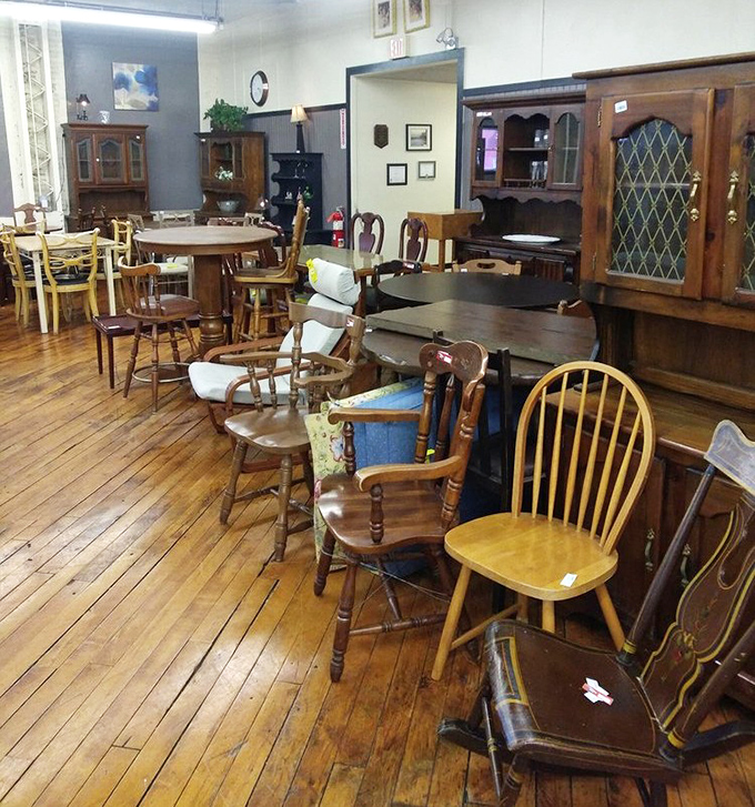 Wooden chairs gather like old friends at a reunion, each with character lines and stories etched into their grain.