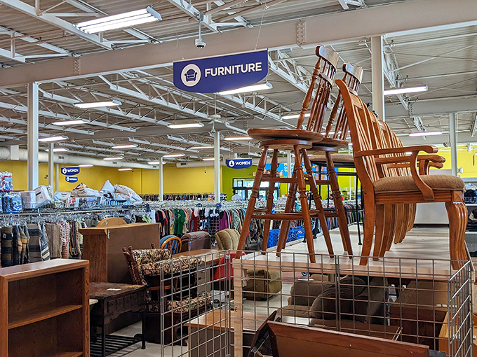Furniture section looking like a wooden jungle gym for adults with good taste and better budgets.