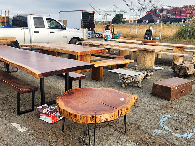Rustic wooden tables with live edges await treasure hunters needing a rest. The perfect spot to contemplate whether that farmhouse table will actually fit in your apartment.